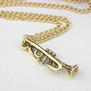 Gold Trumpet Necklace, Trumpet Charm With Chain Necklace, Vintage Look ...