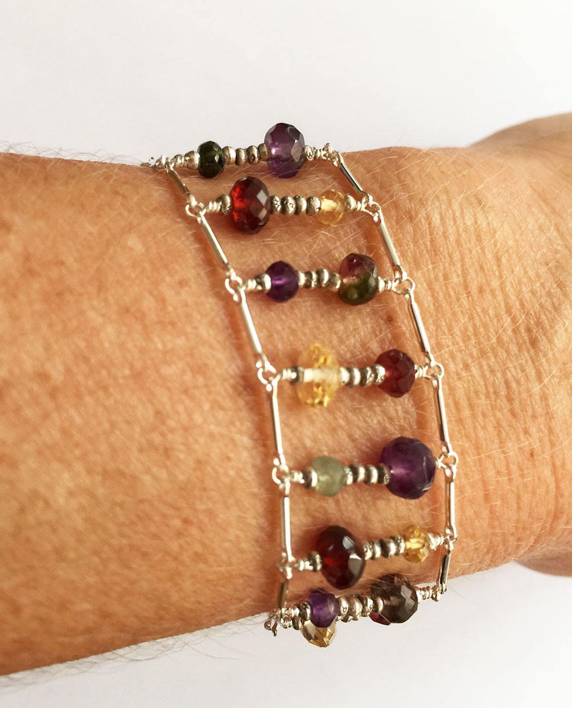 DNA Multi Color Gemstone Cuff Bracelet- Mixed Gem Sterling Silver Chain ...