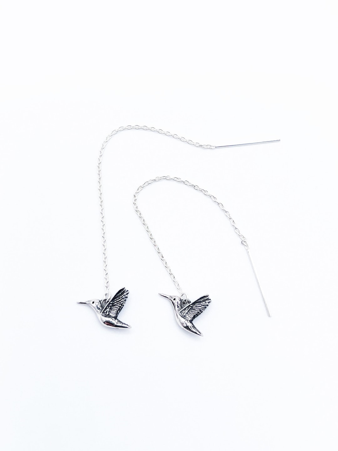 Hummingbird Charm Sterling Silver Threader Earrings- Whimsical Spirit ...