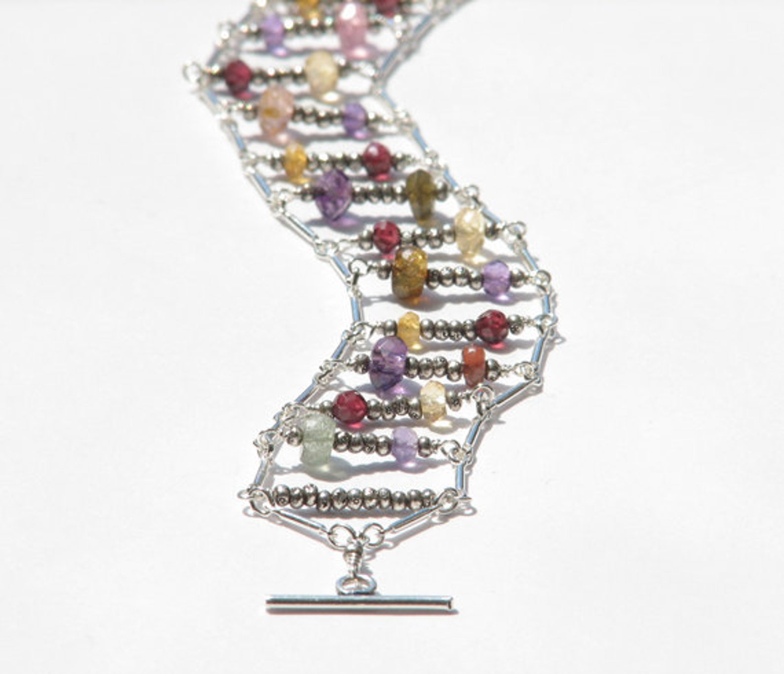 DNA Multi Color Gemstone Cuff Bracelet- Mixed Gem Sterling Silver Chain ...