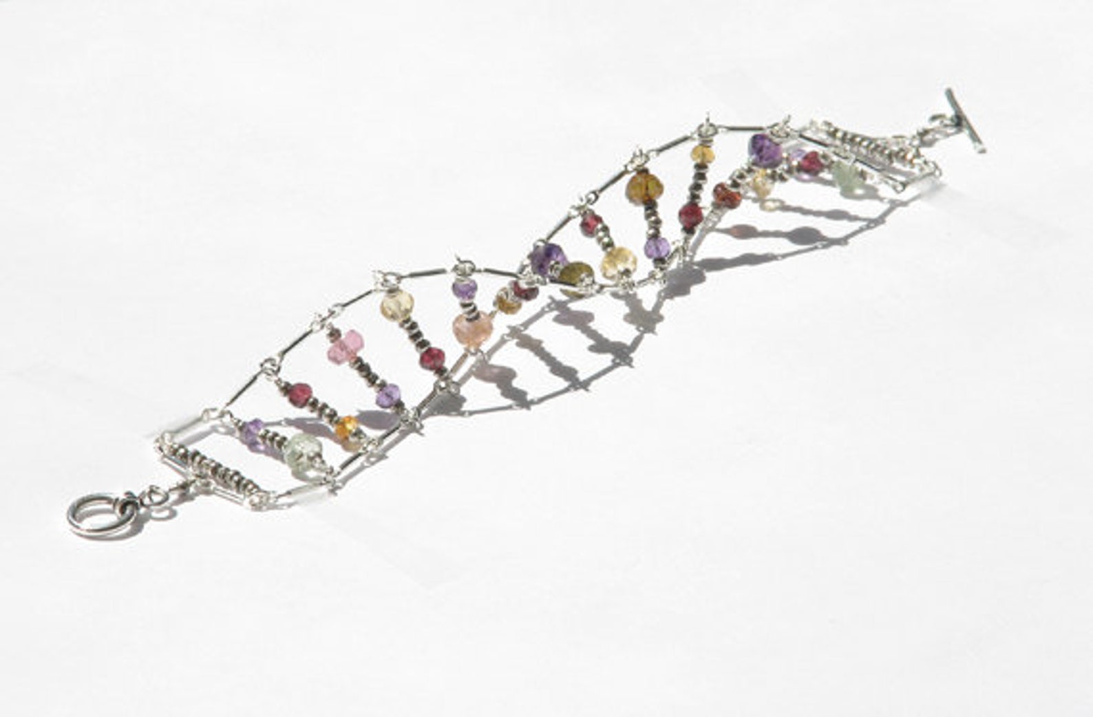 DNA Multi Color Gemstone Cuff Bracelet- Mixed Gem Sterling Silver Chain ...