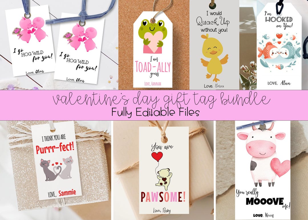 Valentine's Day Gift Tag Bundle- Animal Themed Labels- Fully Editable ...