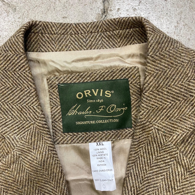 Orvis Signature Brown Herringbone Tweed All Wool Lapel Vest Waist Coat ...