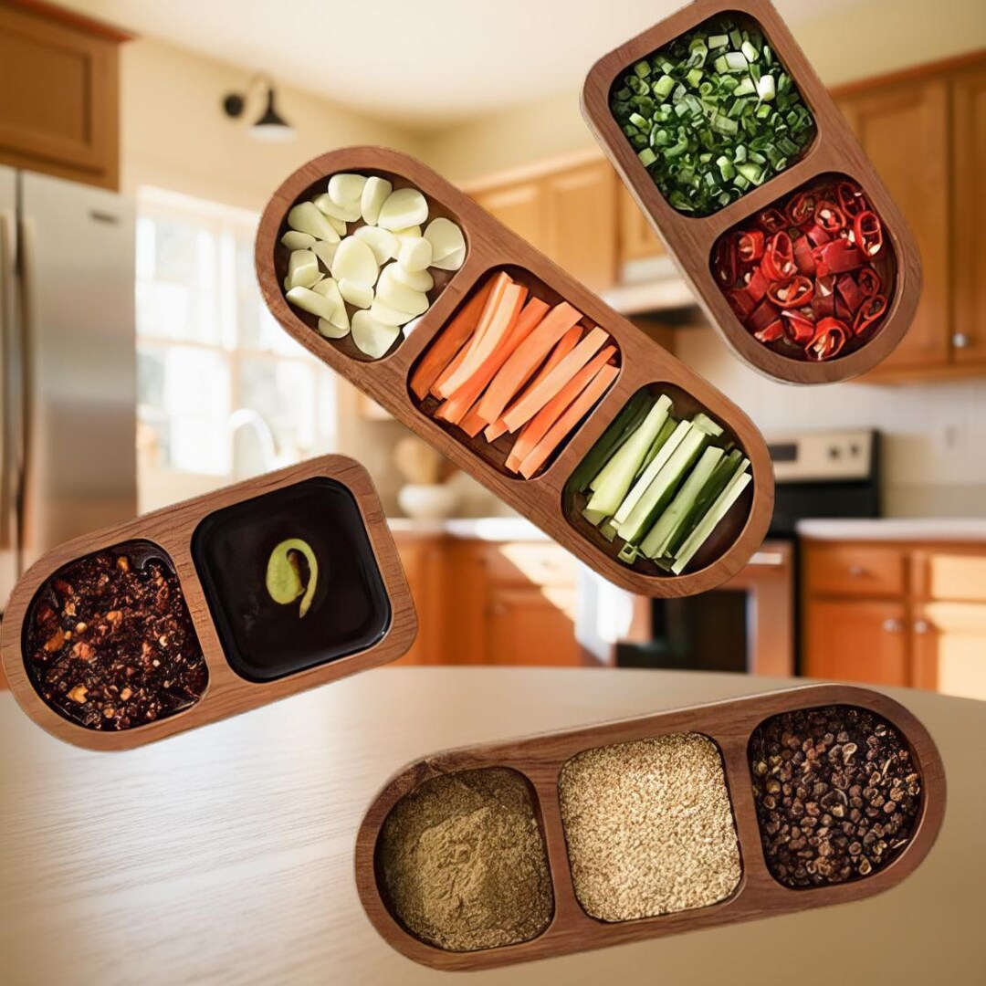 Solid Wood Condiment Dish Rectangular 2/3 Grid Plate for Breakfast ...