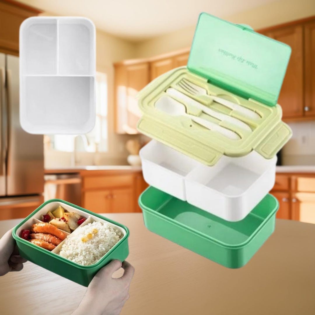 Two-layer Lunch Box 3 Grids School Bento Box With Cutlery 1100ml Food ...