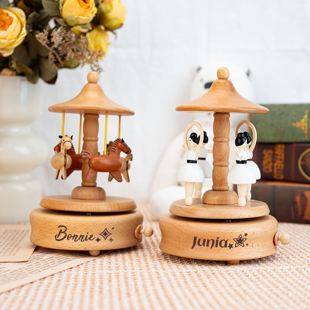 Custom Engraved Name Carousel Music Box, Personalized Wooden Music Box ...