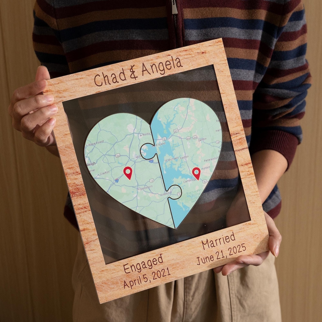 Personalized Wooden Two Locations Puzzle Map, Wedding Anniversary Gift ...