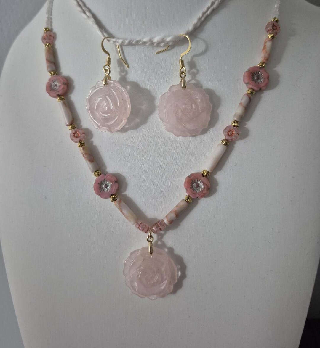 Pink Quartz Flower Necklace Set - Etsy