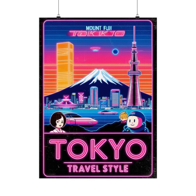 Neon Tokyo 1980s Travel Poster, Matte Vertical Posters, Mount Fuji ...