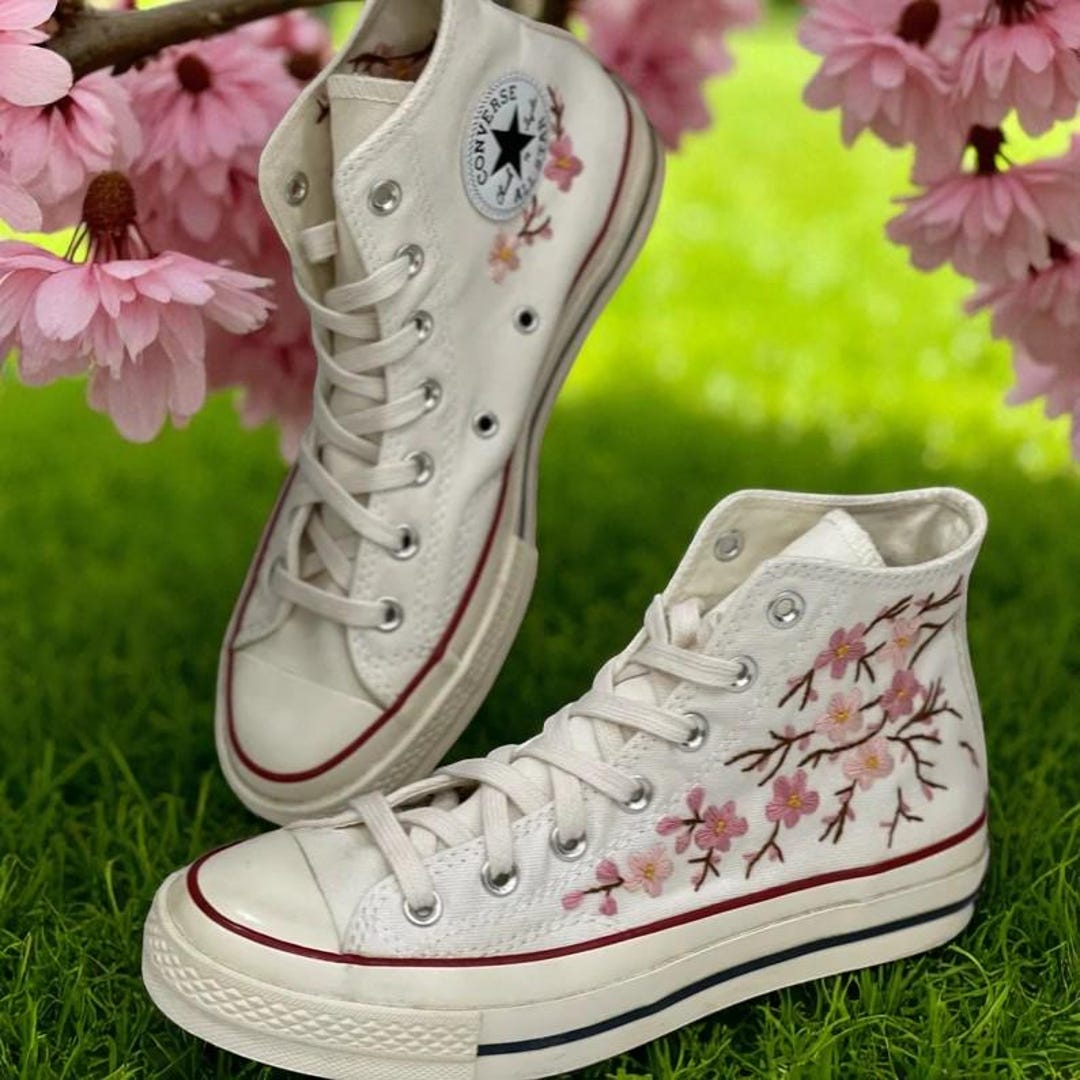 Cherry Blossom Embroidered Converse, Sakura Floral High Top Canvas ...