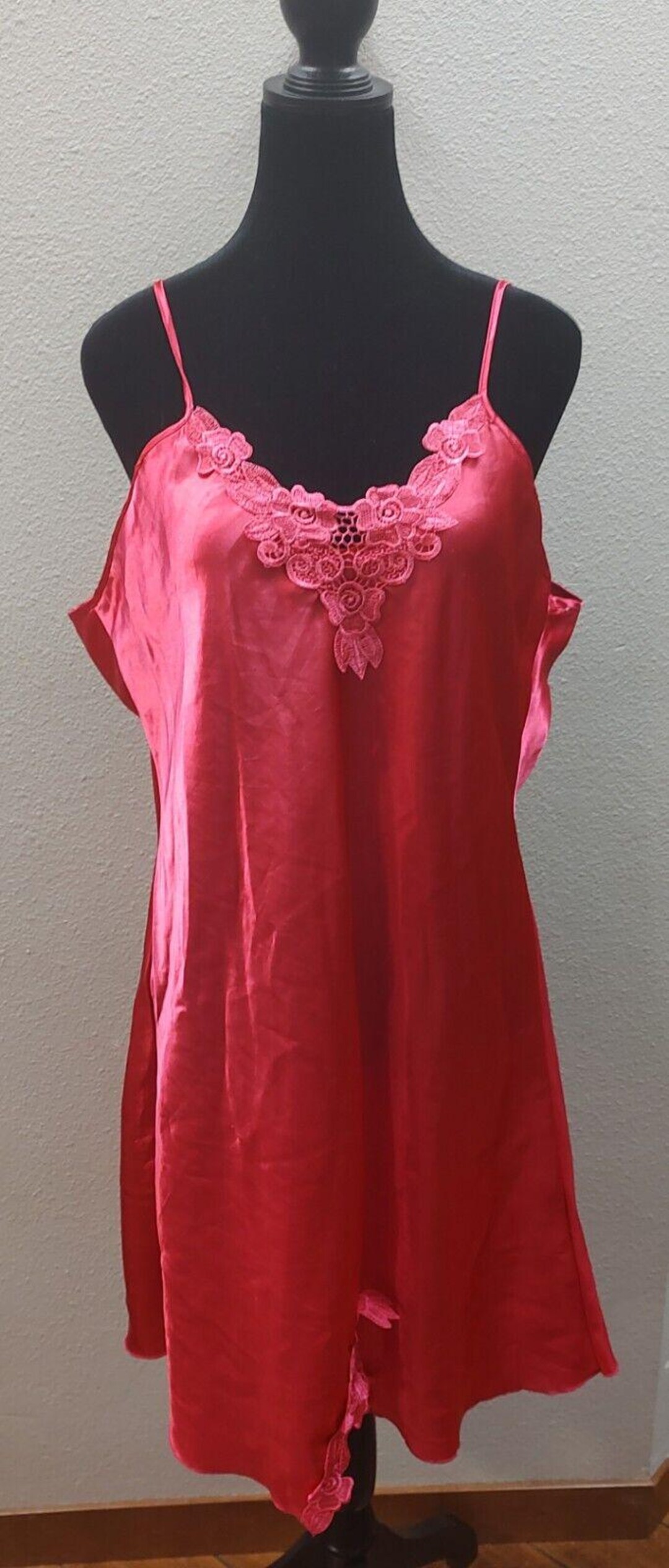 Womens Vintage Pink Teddy Nightgown Pullover Spaghetti Straps Lace Trim ...