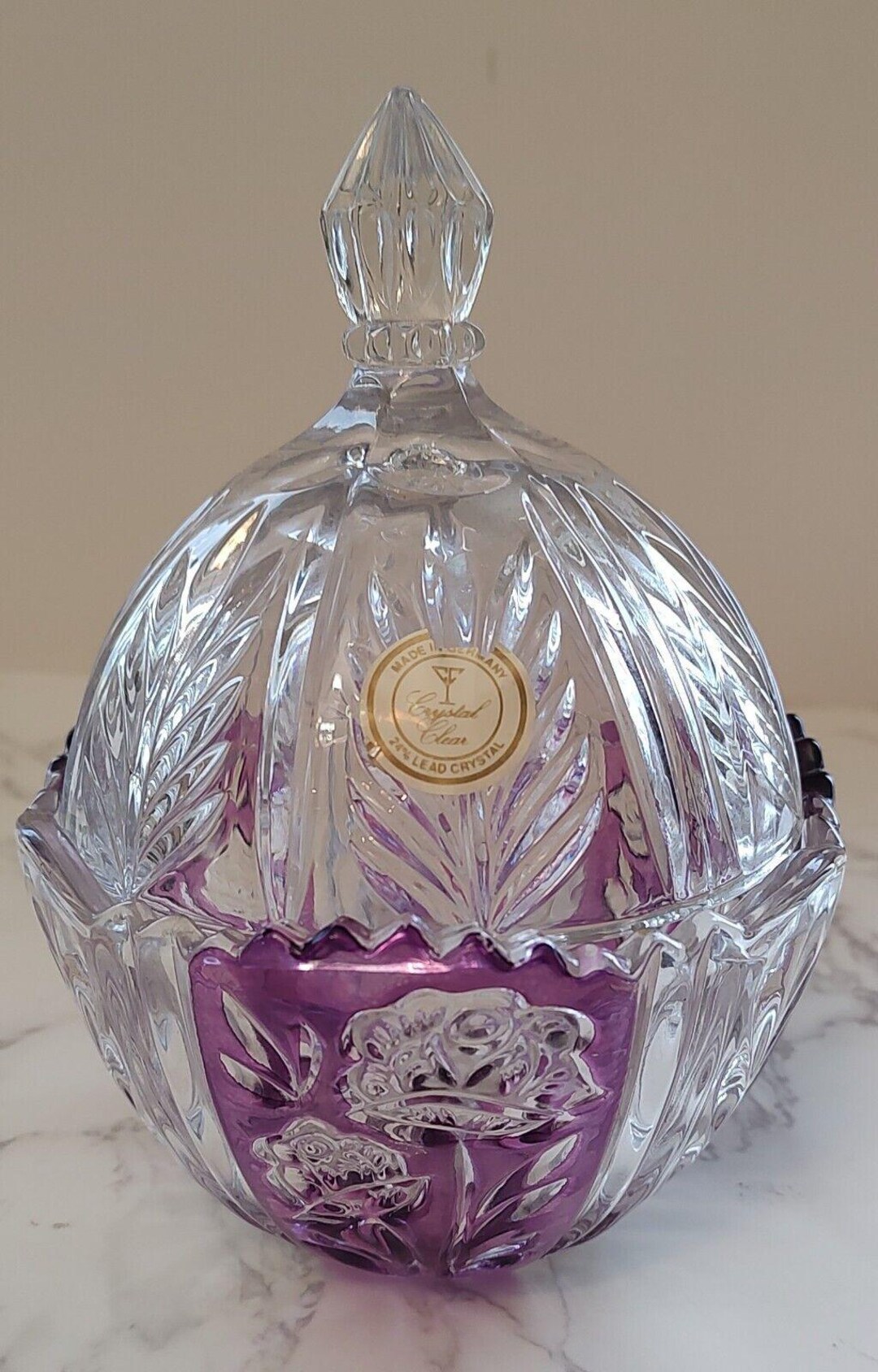 Crystal Clear Purple Glass Lidded Candy Bowl Rose Made in Germany 24% ...