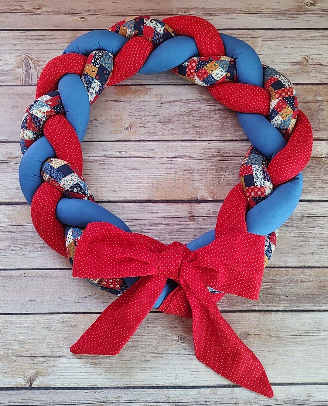Vintage Braided Wreath Country Primitive Fabric Hand Crafted Bow Red ...