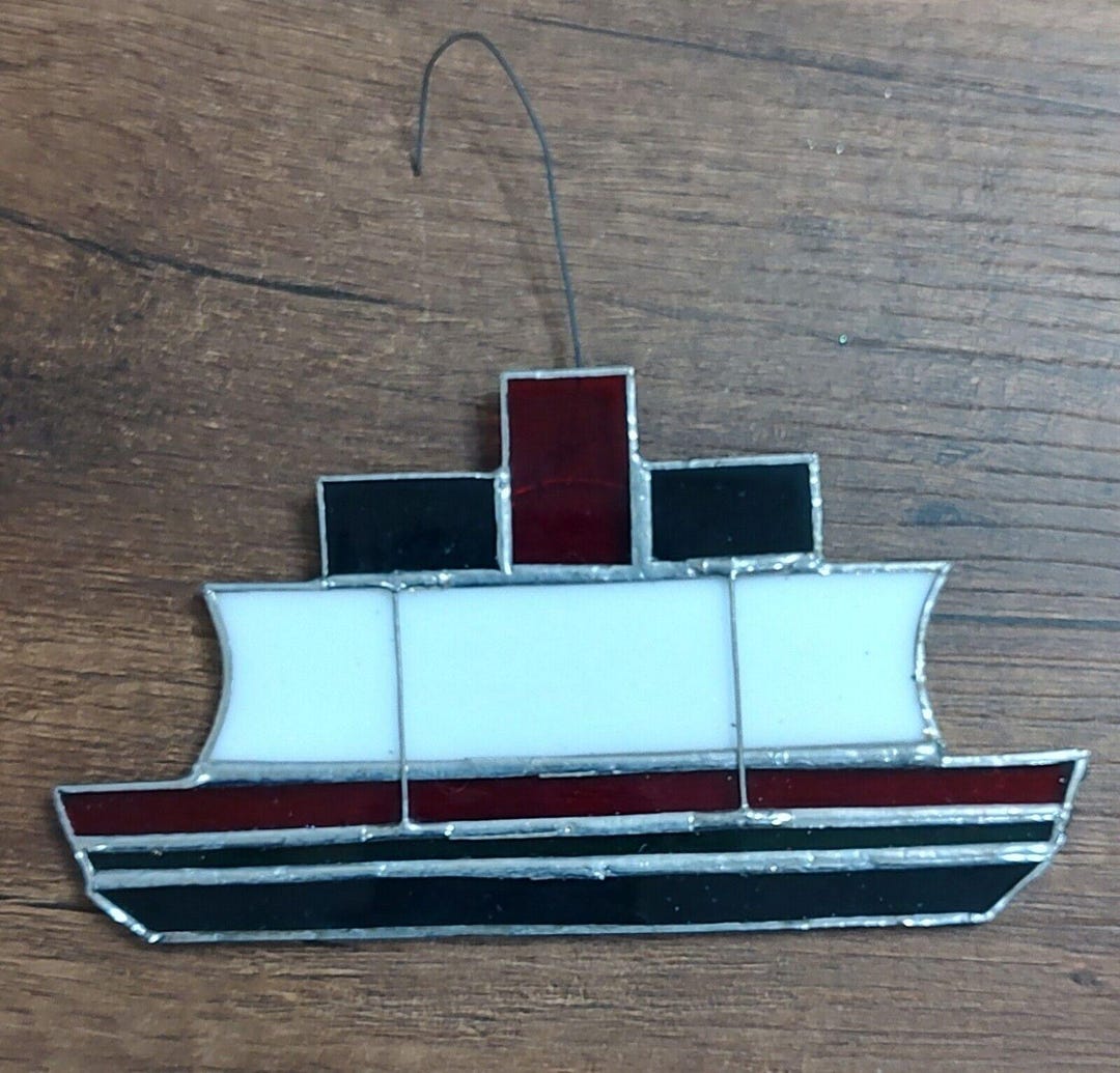 Vintage Stained Glass Christmas Tree Ornament Ferry Boat Red White ...