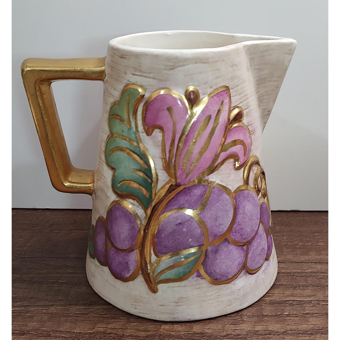 1960 Hand Painted Embossed Creamer Floral and Fruit Design Signed Ann ...
