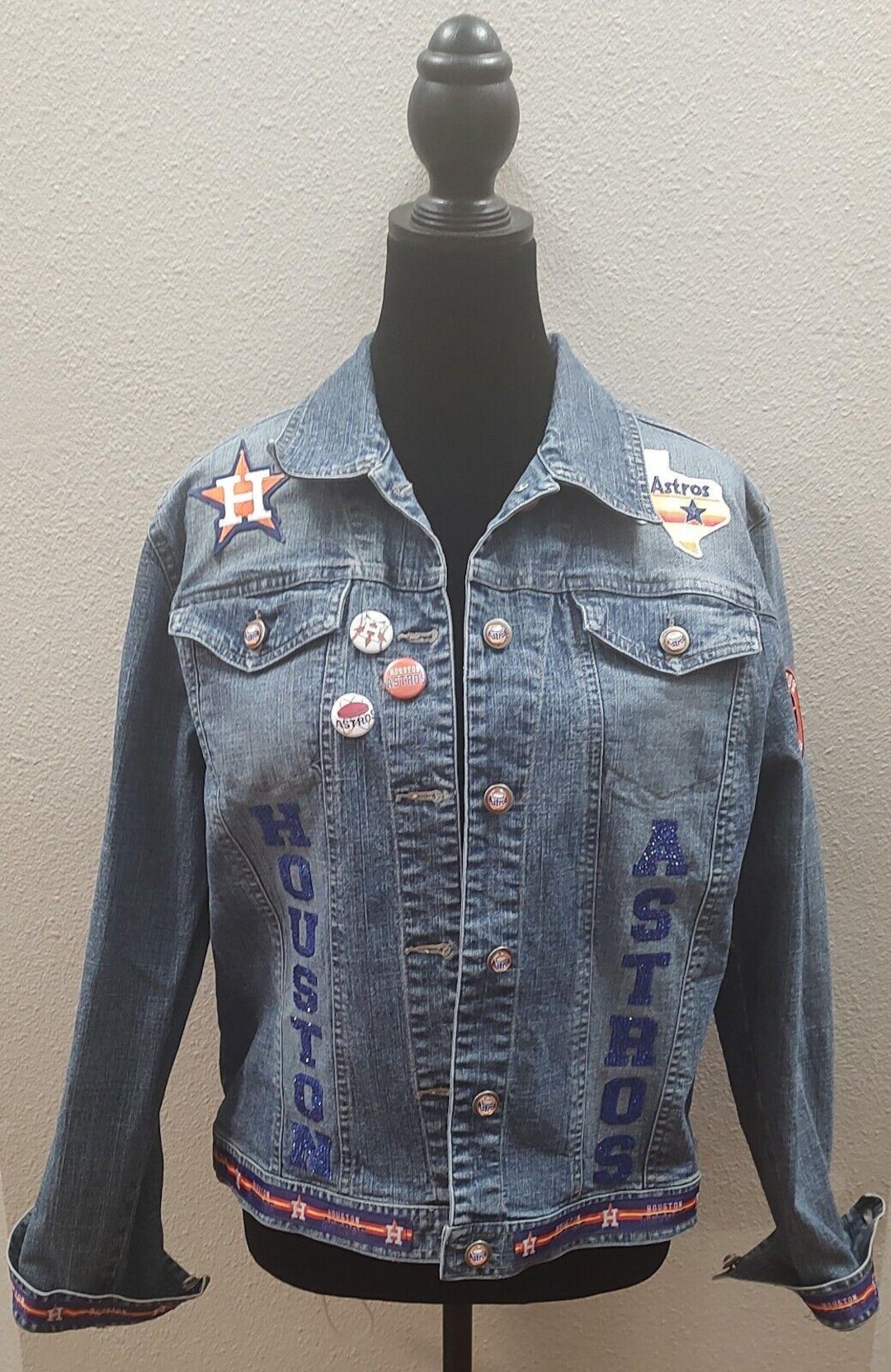 Custom Women's Medium Houston Astros Denim Jacket Patches Pins Jean ...