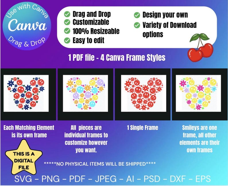 Smiley Mouse Canva Frame Bundle | 3 Editable Designs | Cute Photo ...