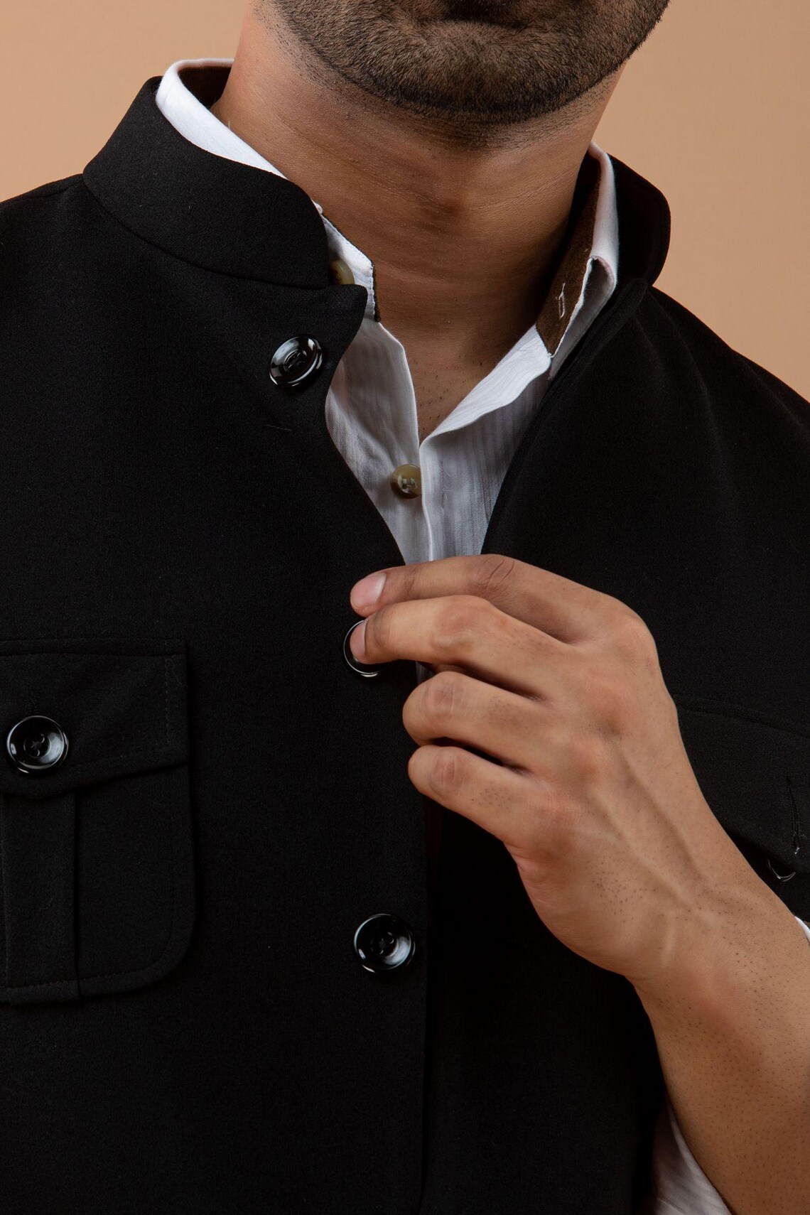 Classic Black Nehru Jacket • Woollen Cotton Men’s Structured Waistcoat ...