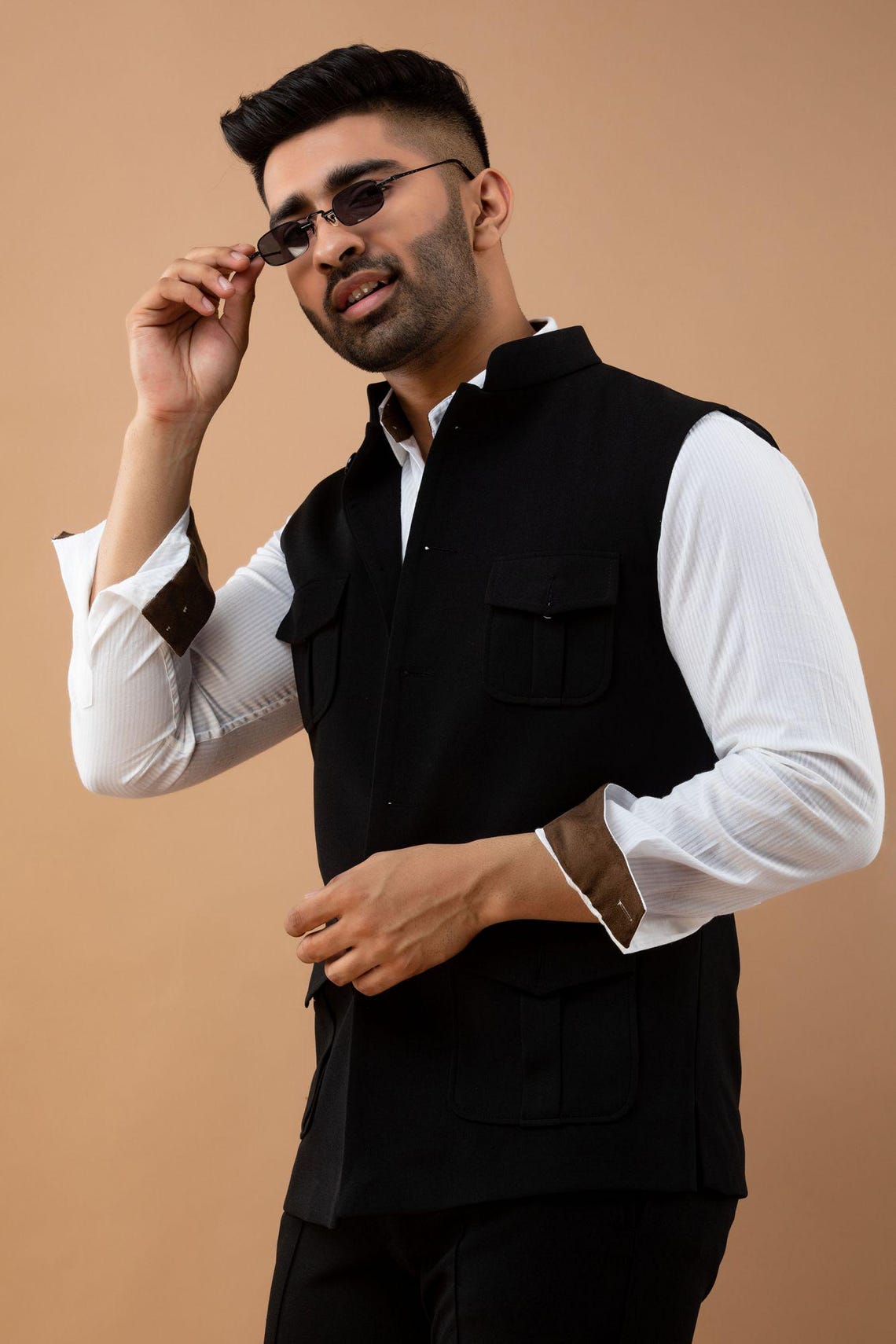 Classic Black Nehru Jacket • Woollen Cotton Men’s Structured Waistcoat ...