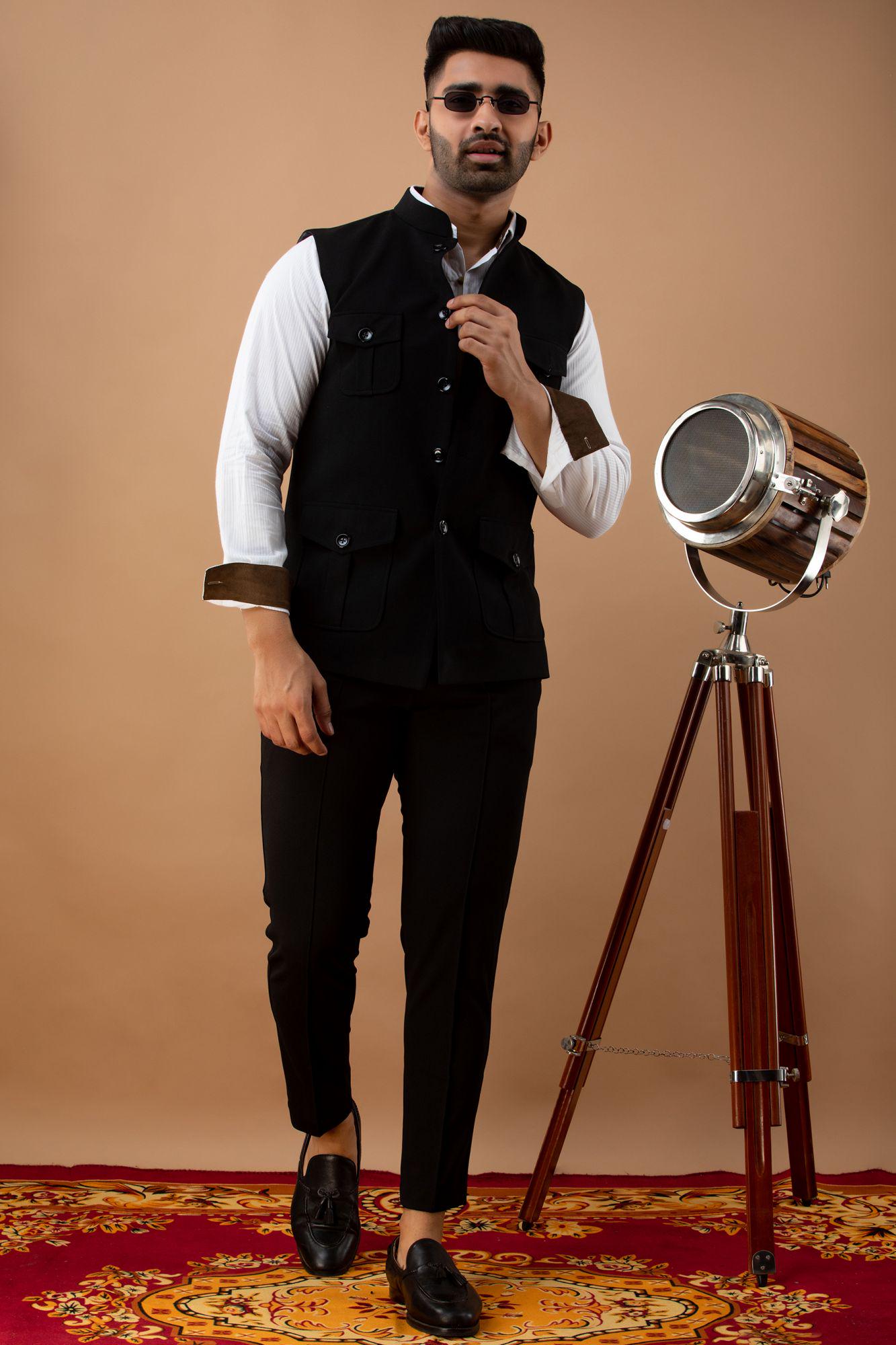 Classic Black Nehru Jacket • Woollen Cotton Men’s Structured Waistcoat ...