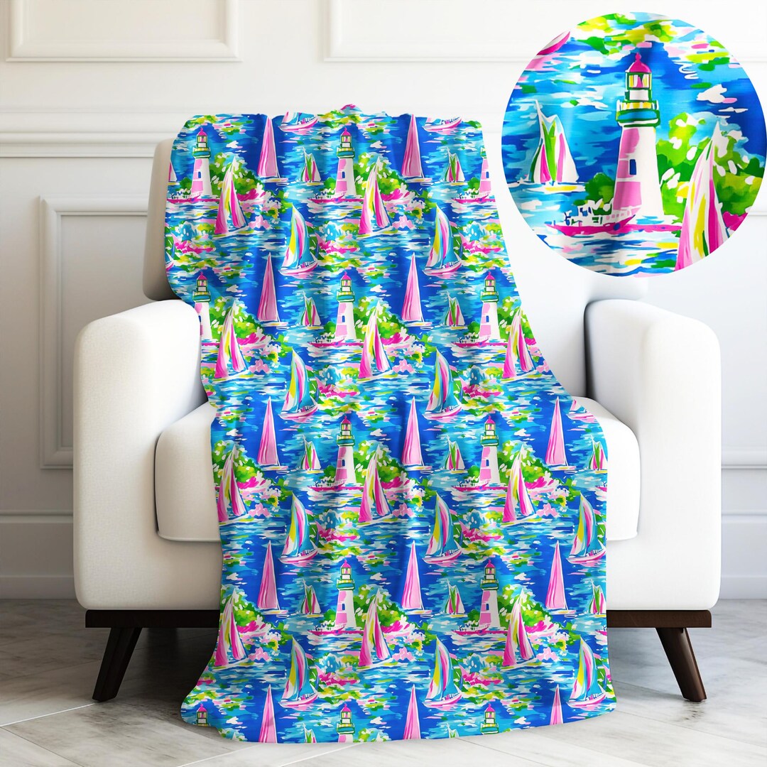 Sailboats & Lighthouse in a Seaside Paradise Velveteen Plush Blanket 3 ...