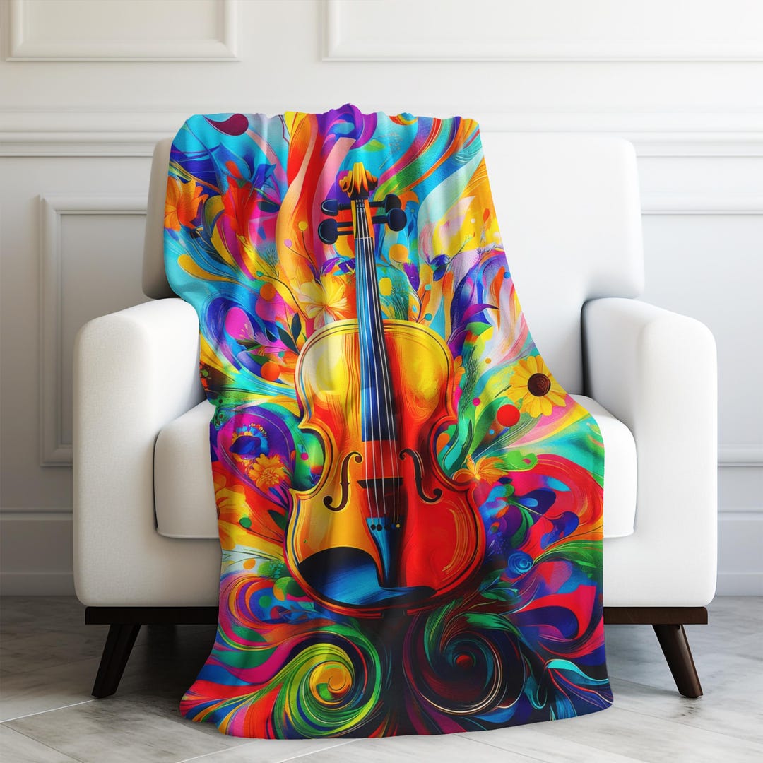 Vibrant Violin Artwork With Swirling Floral Accents Velveteen Plush ...