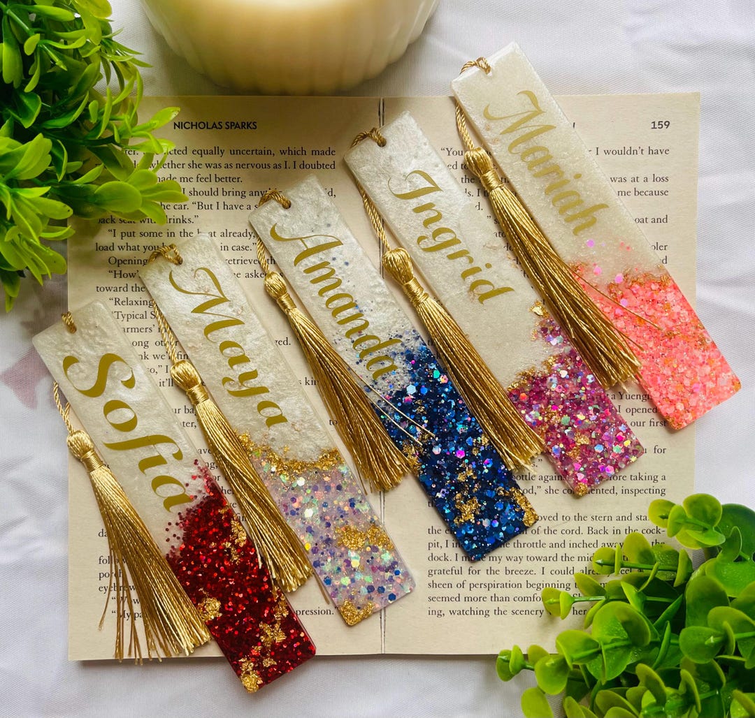 Personalized Resin Bookmark – Gold Leaf Glitter, Custom Name & Tassel ...