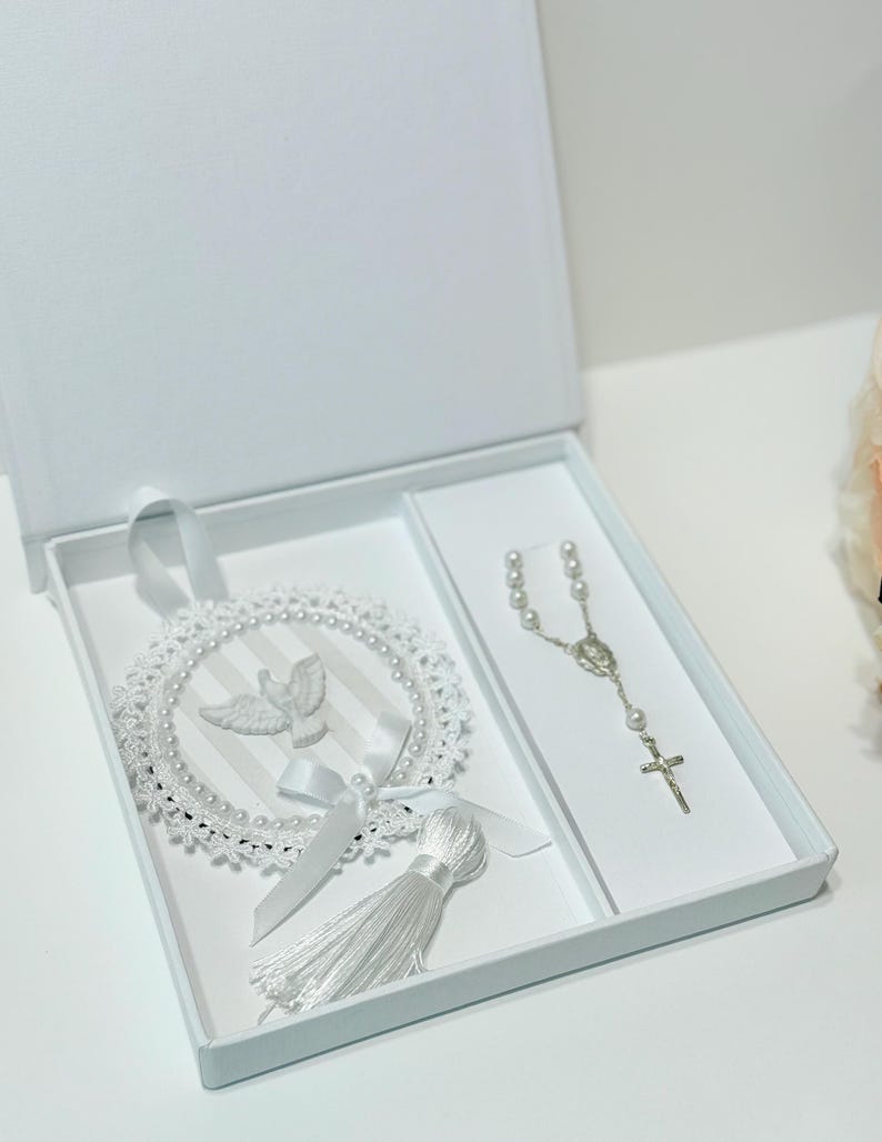 Handmade Baptism Gift Box: Rosary & Holy Spirit Ornament Keepsake - Etsy