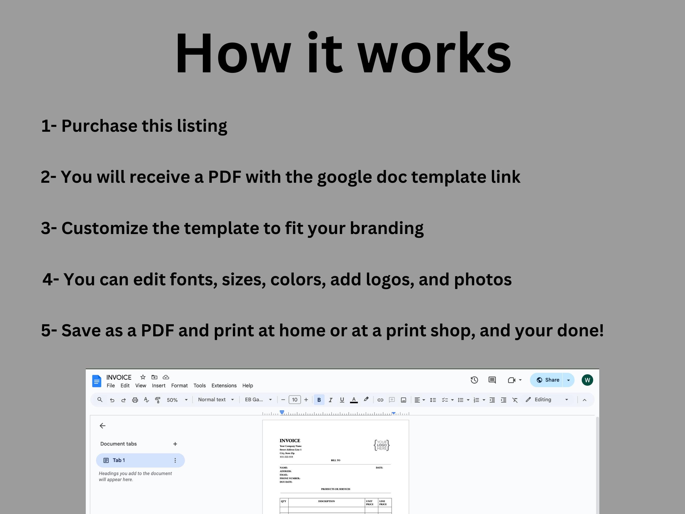 Editable Google Doc Invoice Template - Google Doc- Google Doc Template ...