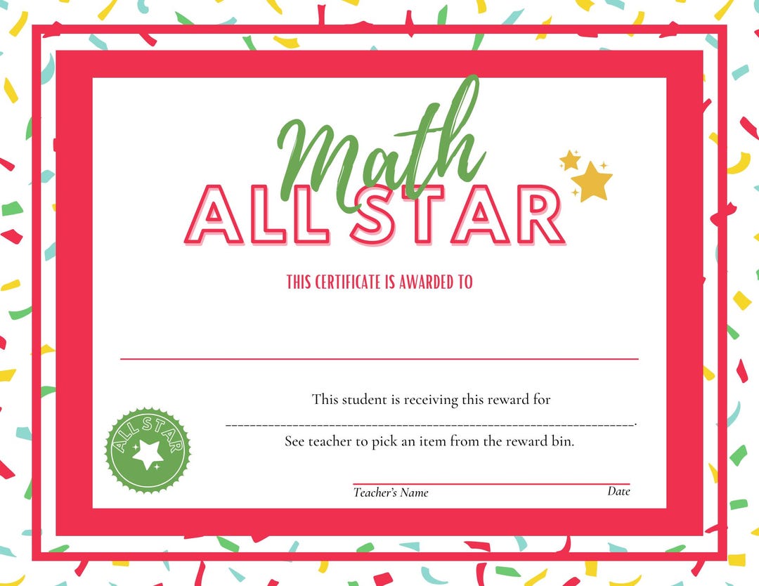 Math All Star Certificate - Etsy