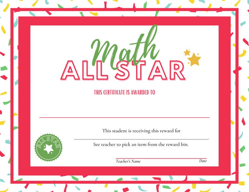Math All Star Certificate - Etsy