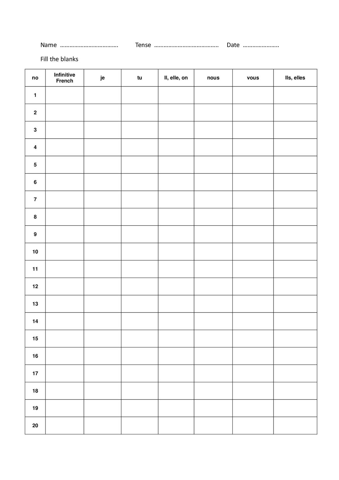 French Verb Conjugation Practice Sheets: Printable Language Learning ...