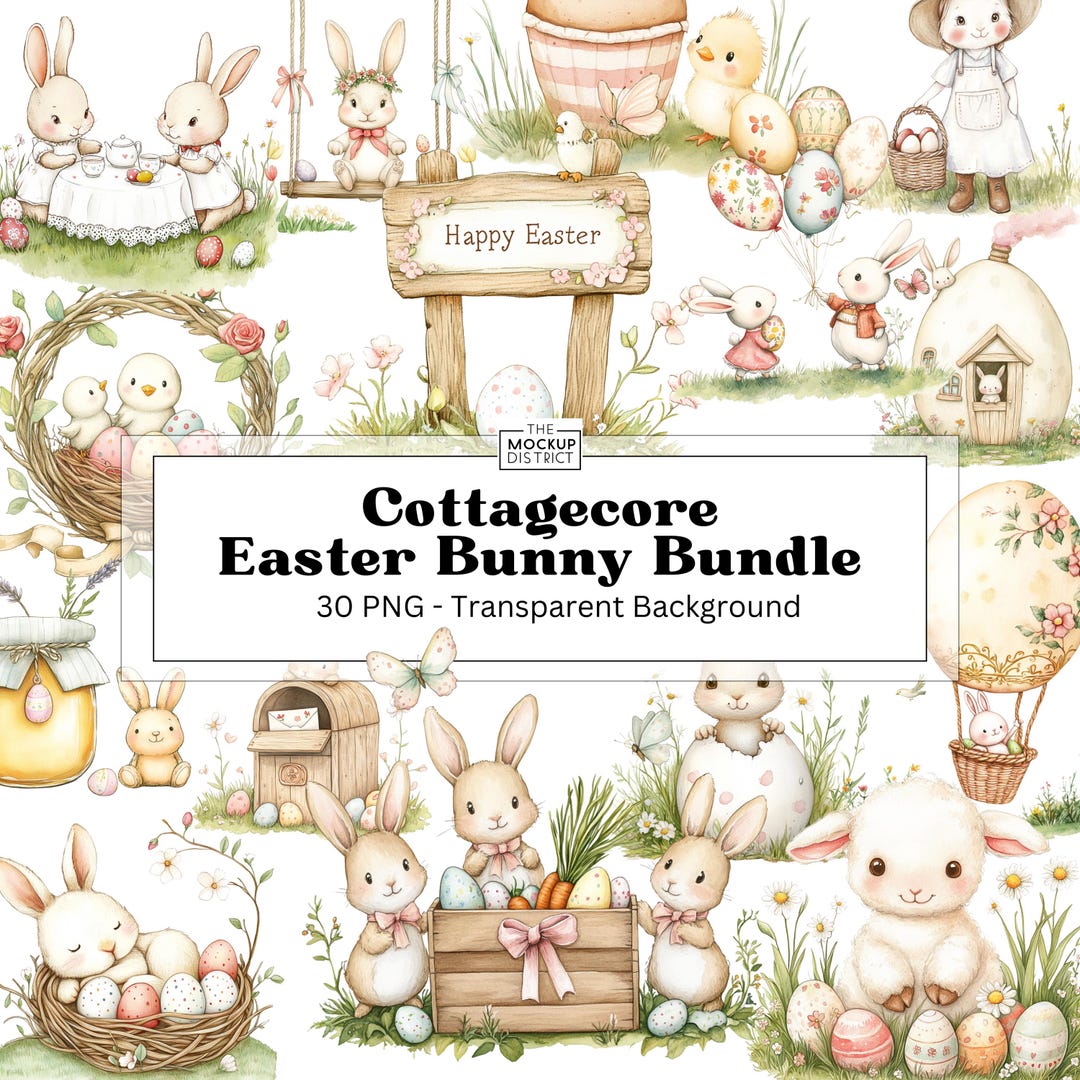Cottagecore Easter Bunny Clipart Bundle Pngs Pastel Cute Spring Animals ...