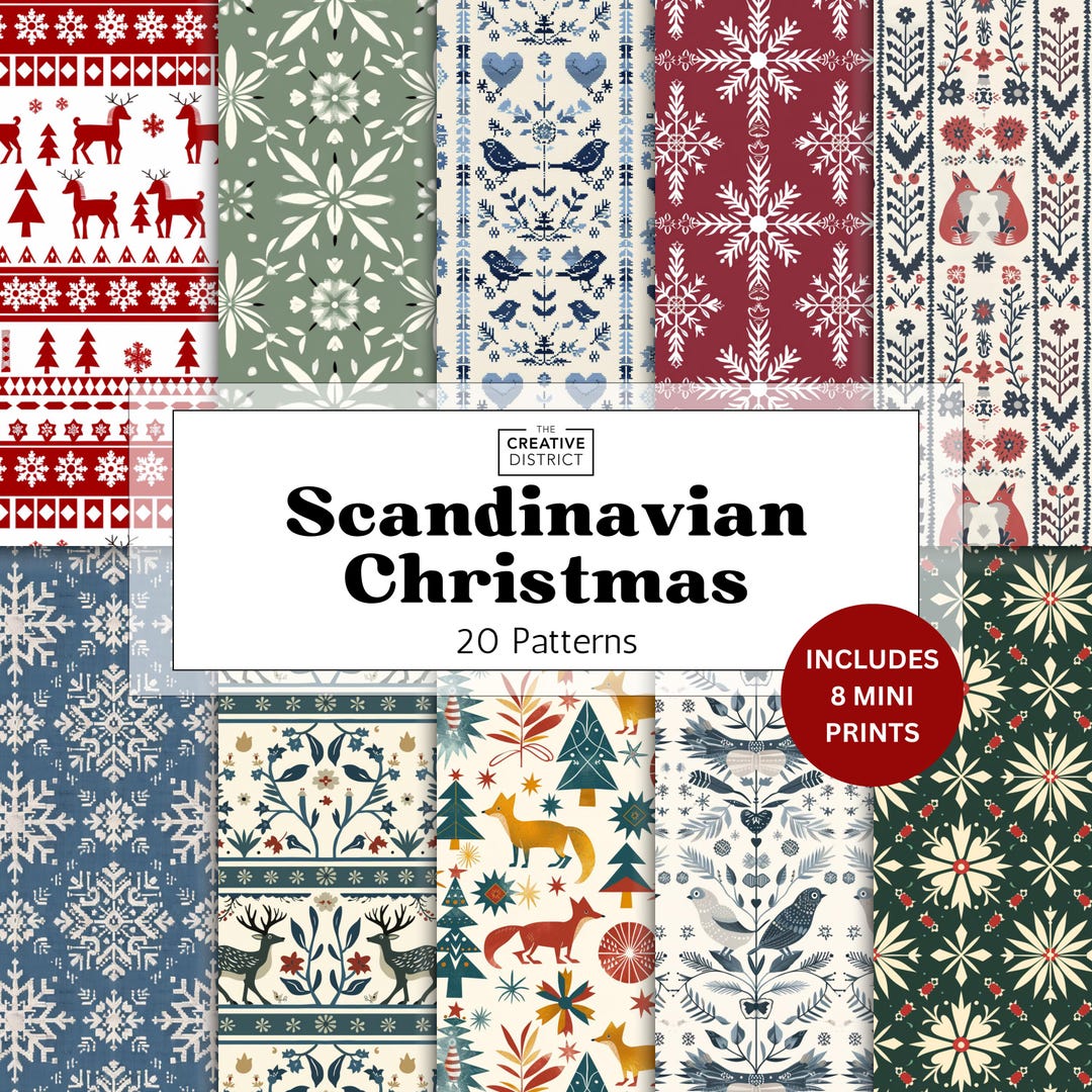 Scandinavian Christmas Seamless Patterns Nordic Folk Art Holiday ...