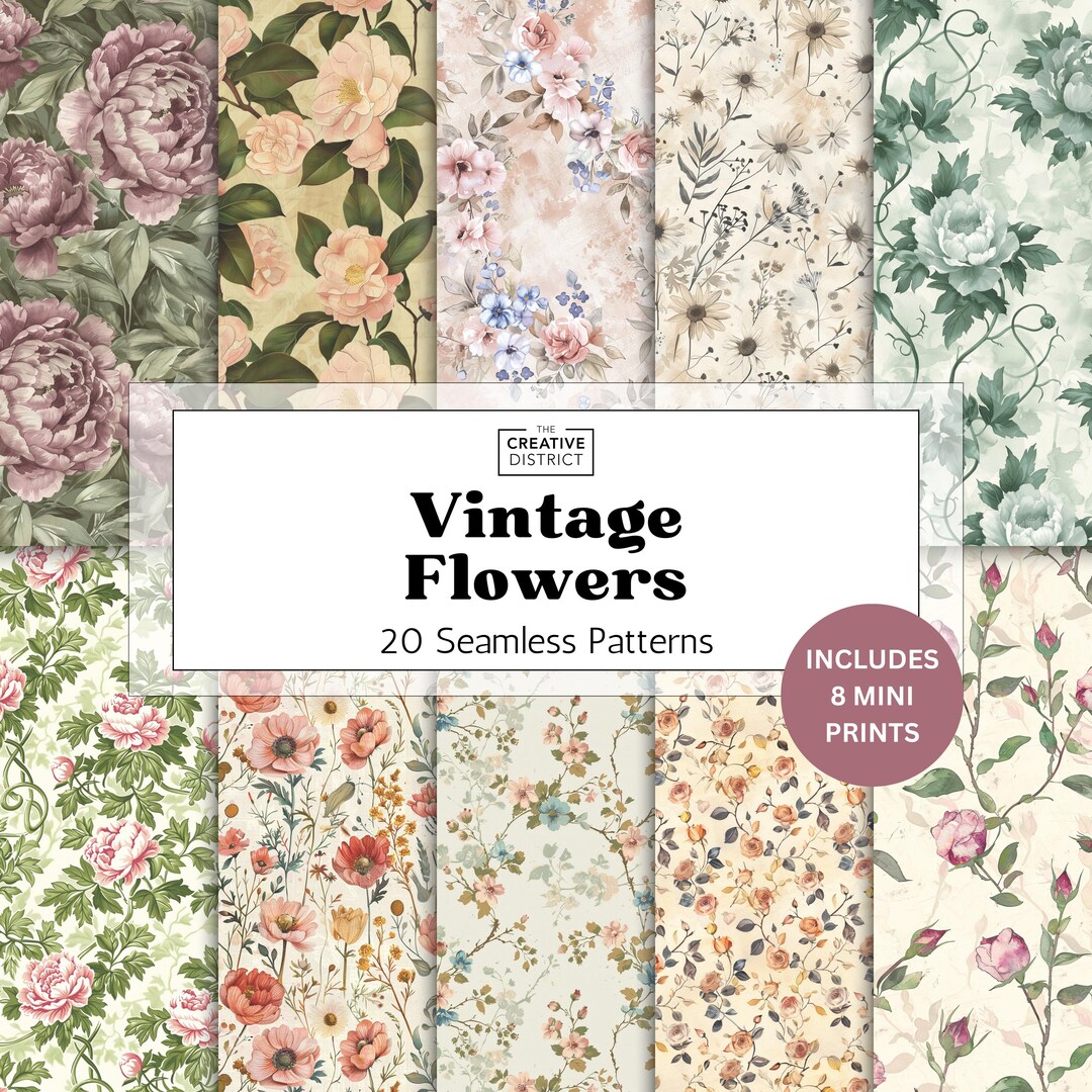 Vintage Flowers Digital Paper Bundle Seamless Patterns Mini Prints ...