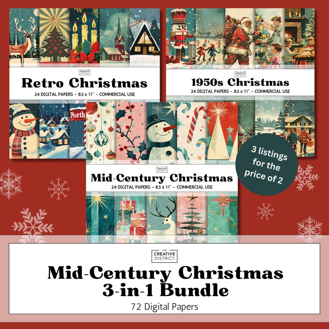 3-in-1 Vintage Christmas Digital Paper Bundle, 1950s Retro & Mid ...