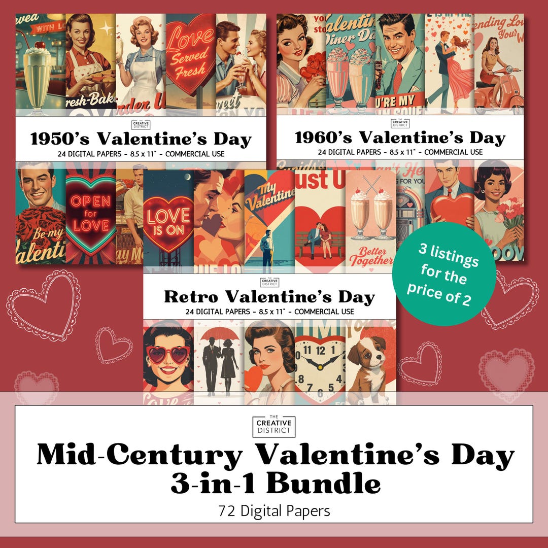 Mid-century Valentine Digital Paper Bundle, 72 Retro Valentine Papers ...