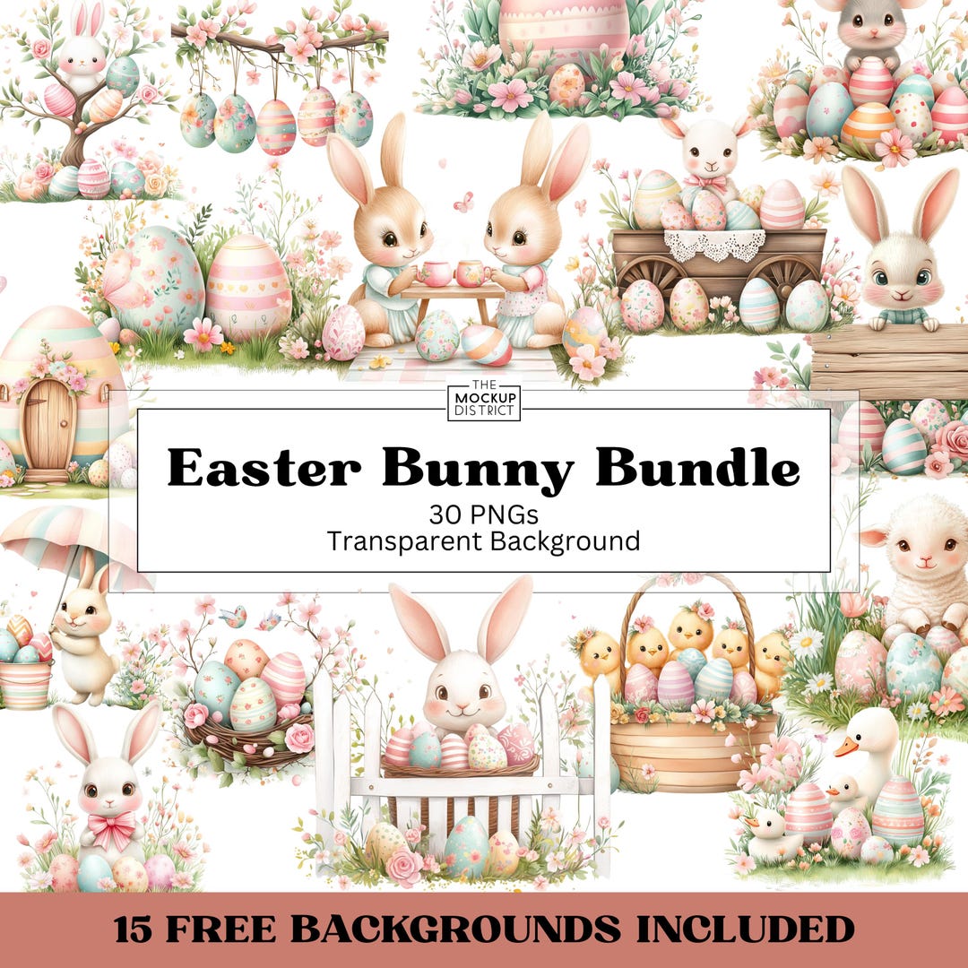 Cute Easter Bunny Clipart Bundle Pngs Pastel Spring Animals Graphics ...