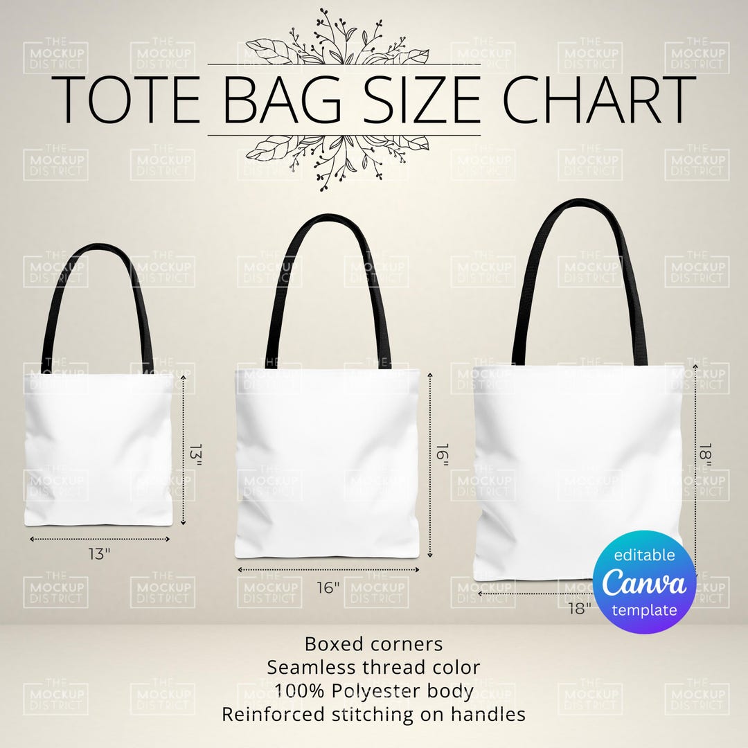 AOP Tote Bag Sizing Guide Canva Template Editable Bag Measurement Chart Minimalist Sizing Table ...