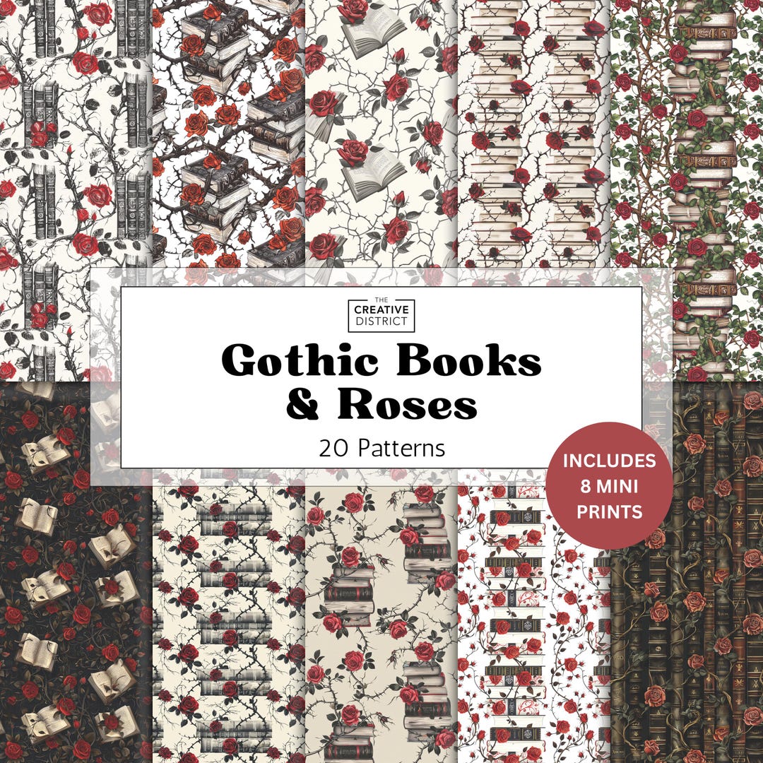 Gothic Books & Roses Digital Paper – Floral Clipart Mini Prints ...