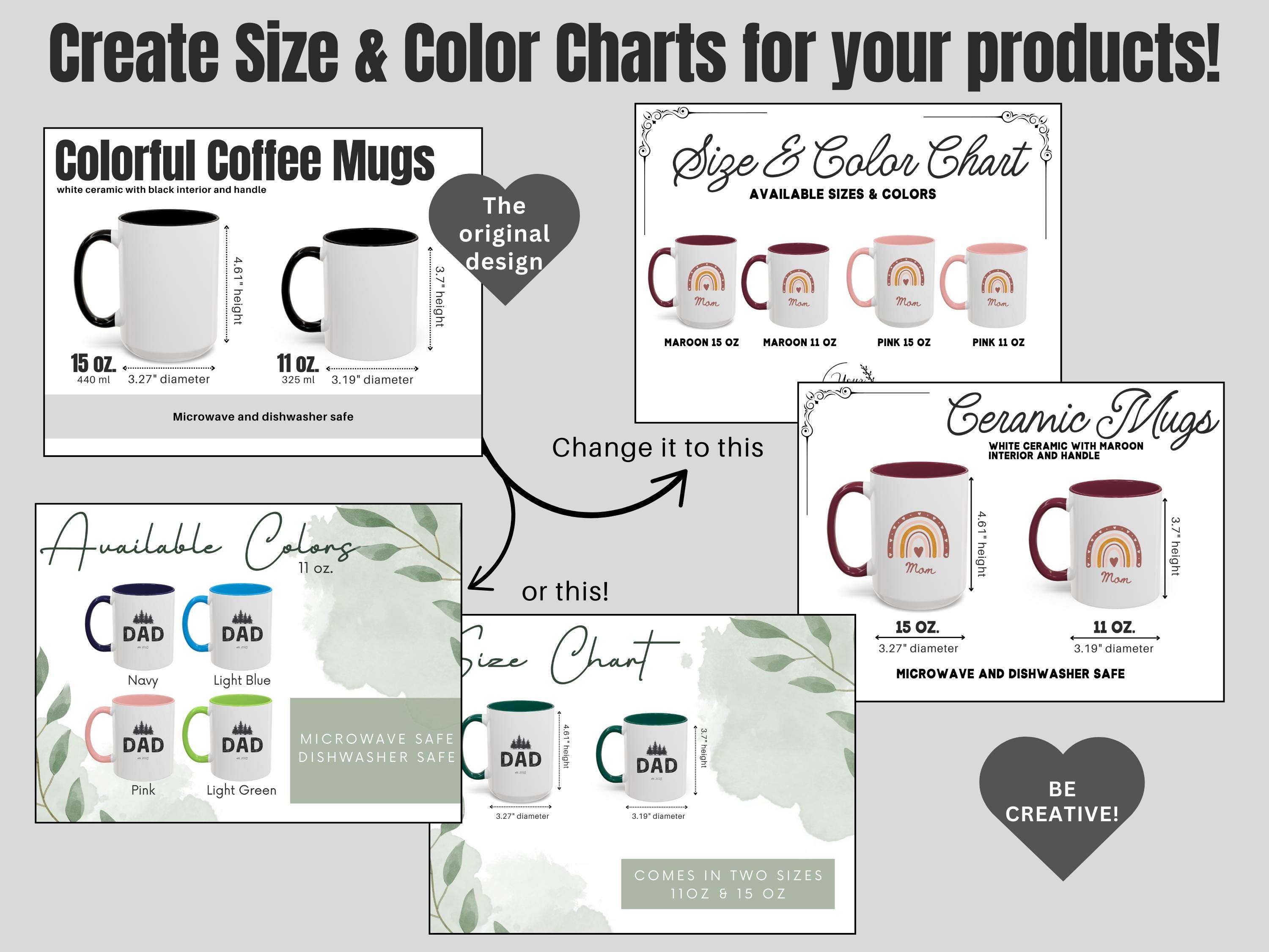 Colorful Mugs Sizing Chart Color Chart Mockup Bundle Pod Size Printify ...