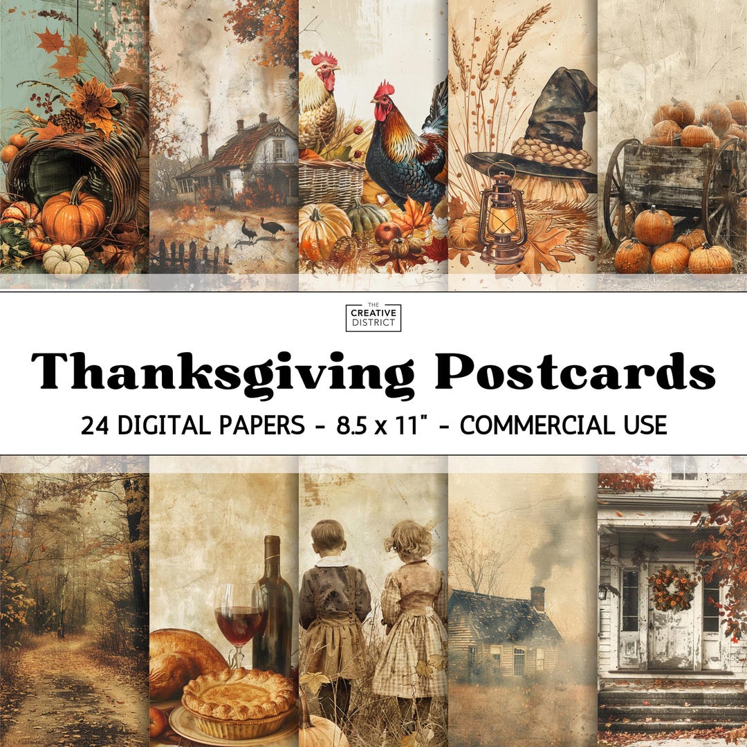 Thanksgiving Postcards Autumn Harvest Digital Papers for Fall Junk ...