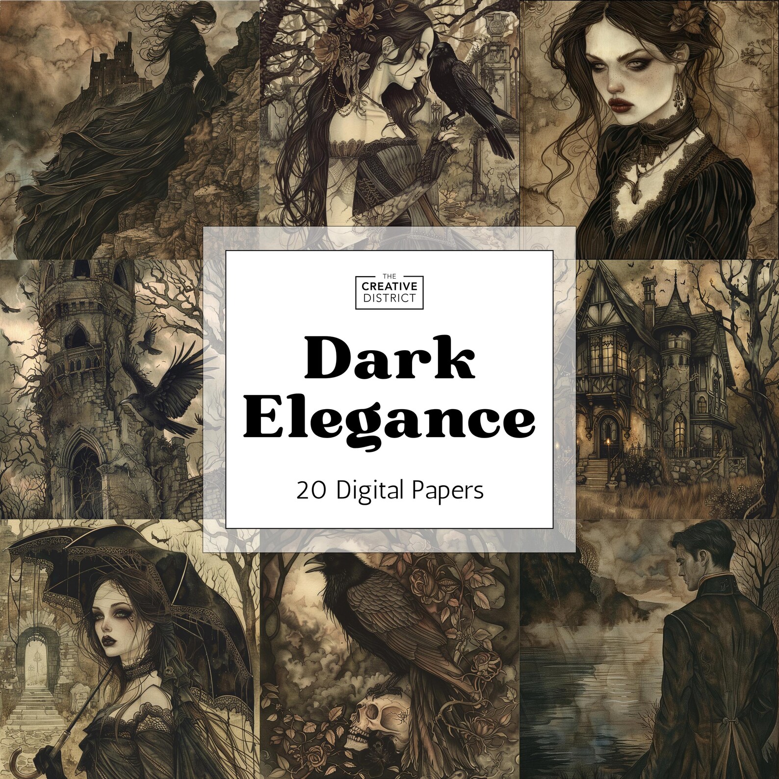 Gothic Floral Digital Paper Dark Vintage Printable Backgrounds Romantic ...