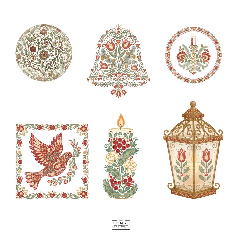 Scandinavian Folk Art Christmas Clipart – 36 Floral Holiday ...