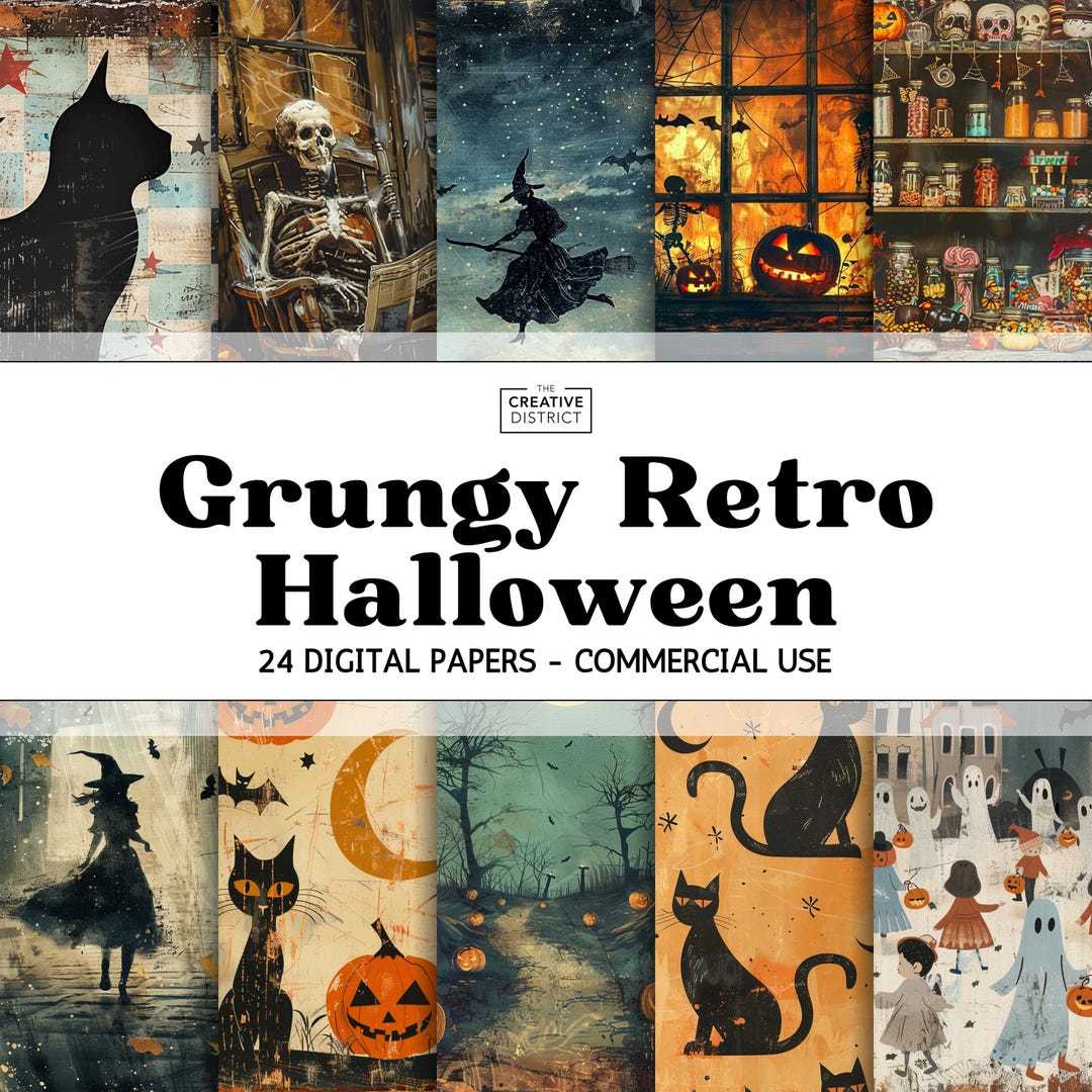 Retro Halloween Digital Paper Vintage Style Spooky Scrapbook Art Grungy ...