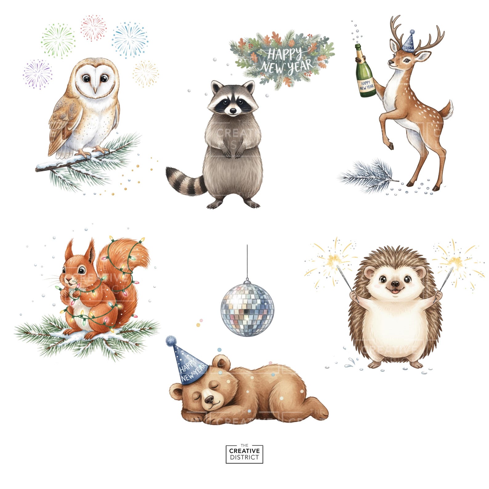 Woodland Animals New Year’s Eve Clipart, Funny Forest Party PNG Set ...
