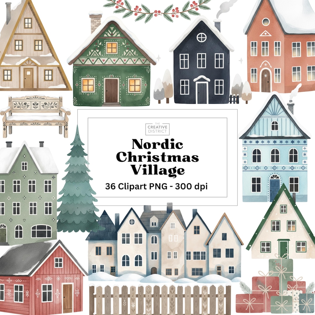 Nordic Christmas Village Clipart – Folk Art Holiday Houses, Winter ...