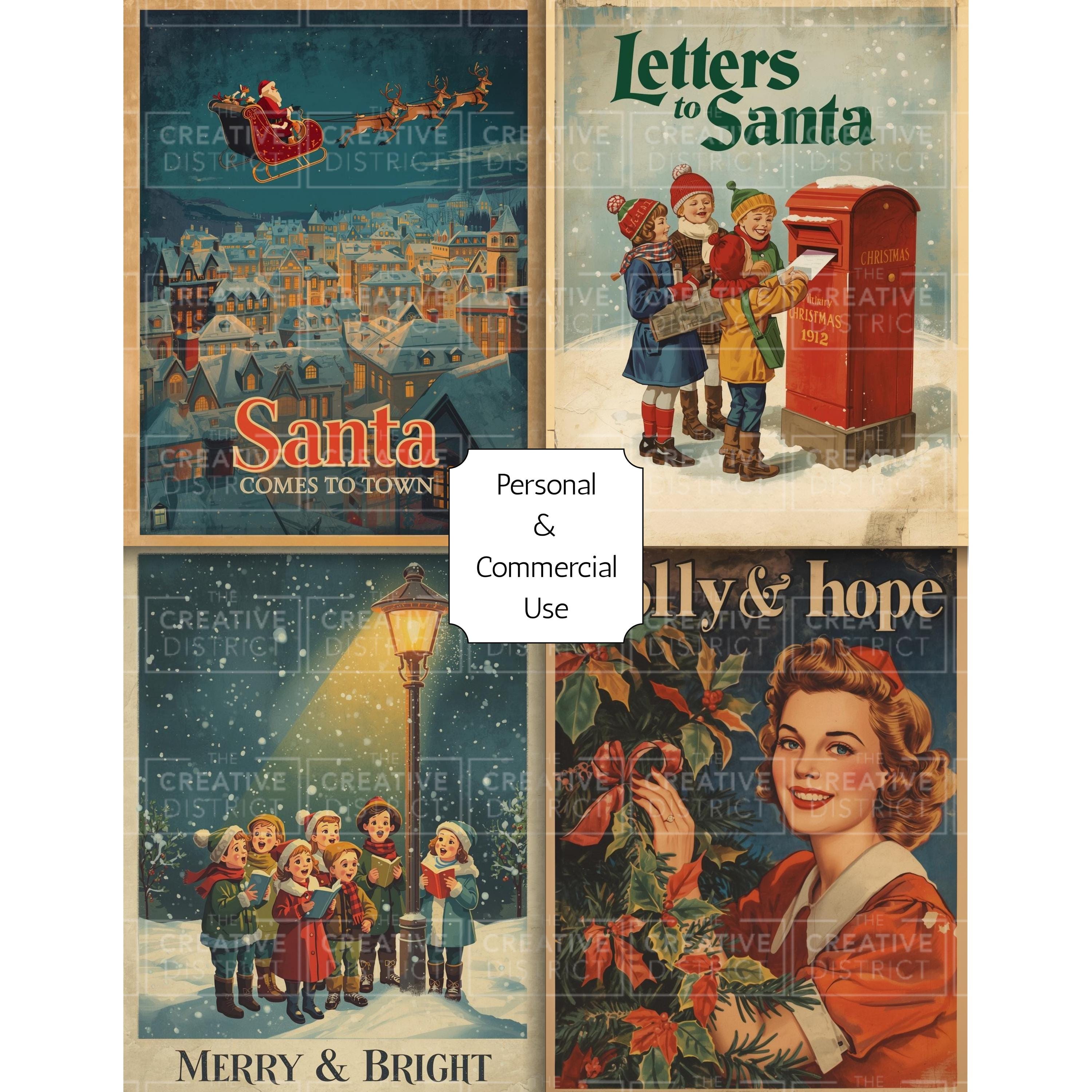 1940s Christmas Vintage Poster Art Style Holiday Prints – Retro Santa ...