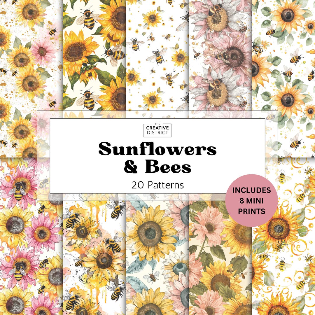 Sunflowers and Bees Digital Paper Pastel Floral Honeybee Backgrounds ...