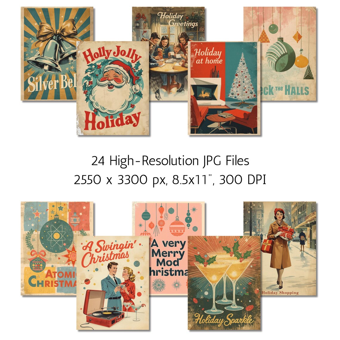 1960s Christmas Retro Poster Art Style Holiday Prints, Mid-century ...